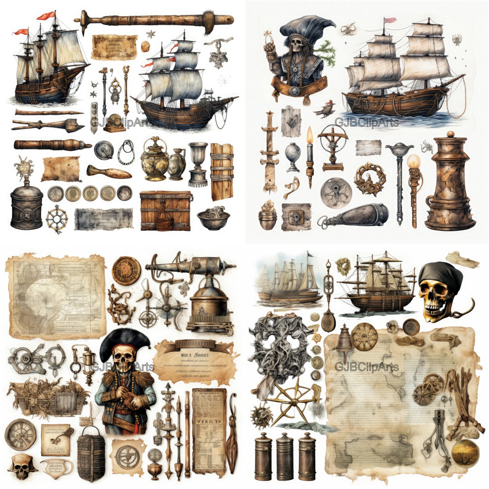 Vintage Pirates Junk Journal Kit Clipart, Pirate Ship Clipart Treasure ...