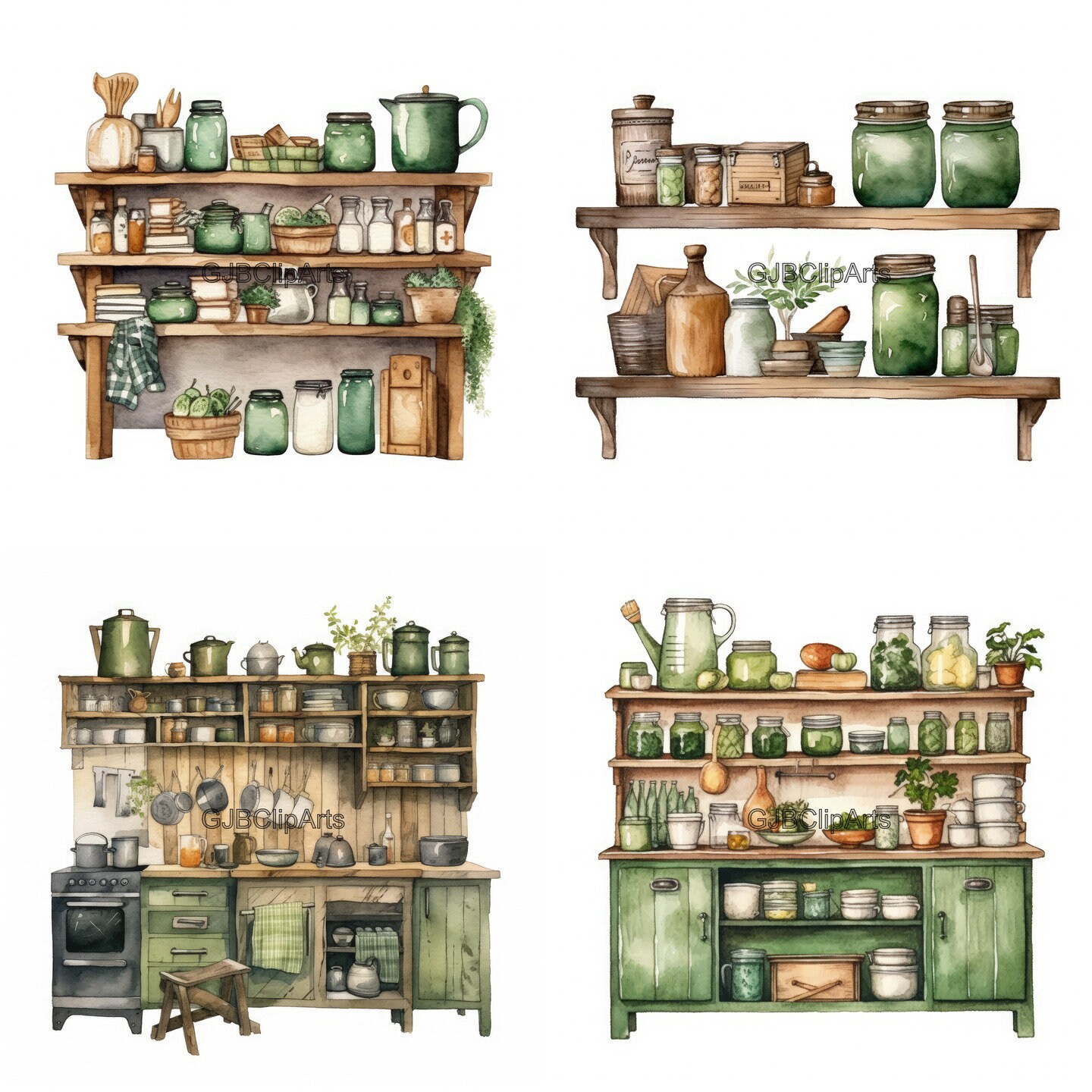 Green Watercolor Cottagecore Kitchen Clipart, Magical Countryside ...
