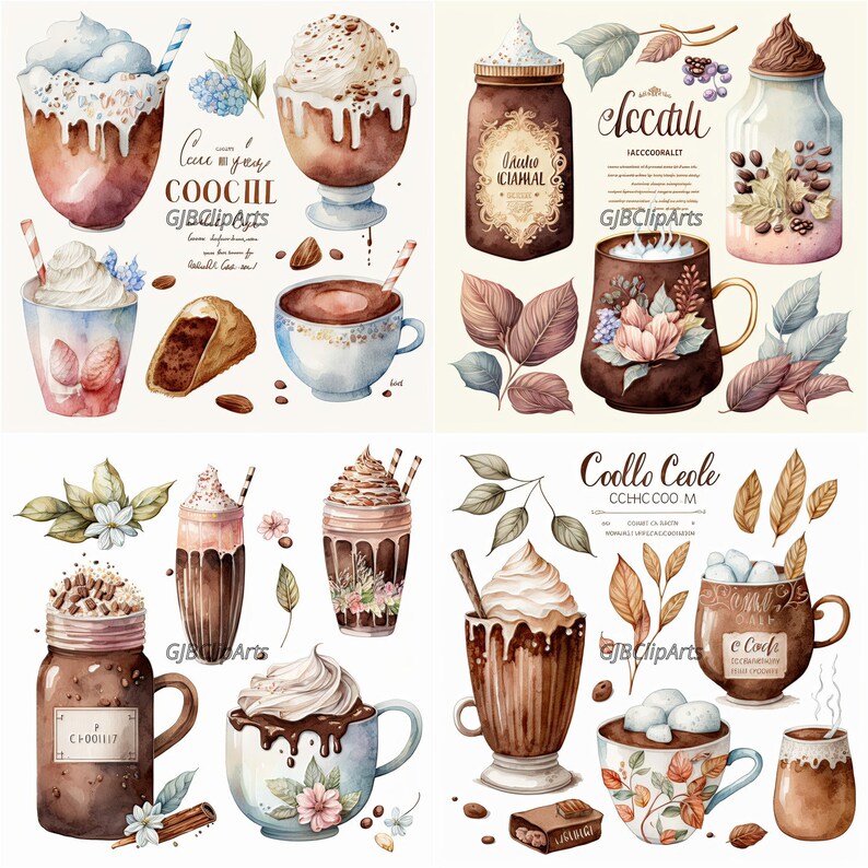 Warm and Cozy Hot Cocoa Collection Clipart: Watercolor Winter Beverages ...