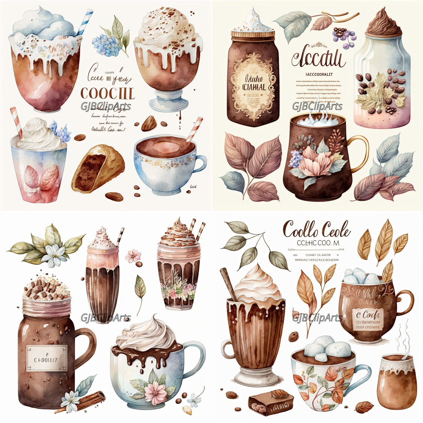 Warm and Cozy Hot Cocoa Collection Clipart: Watercolor Winter Beverages ...