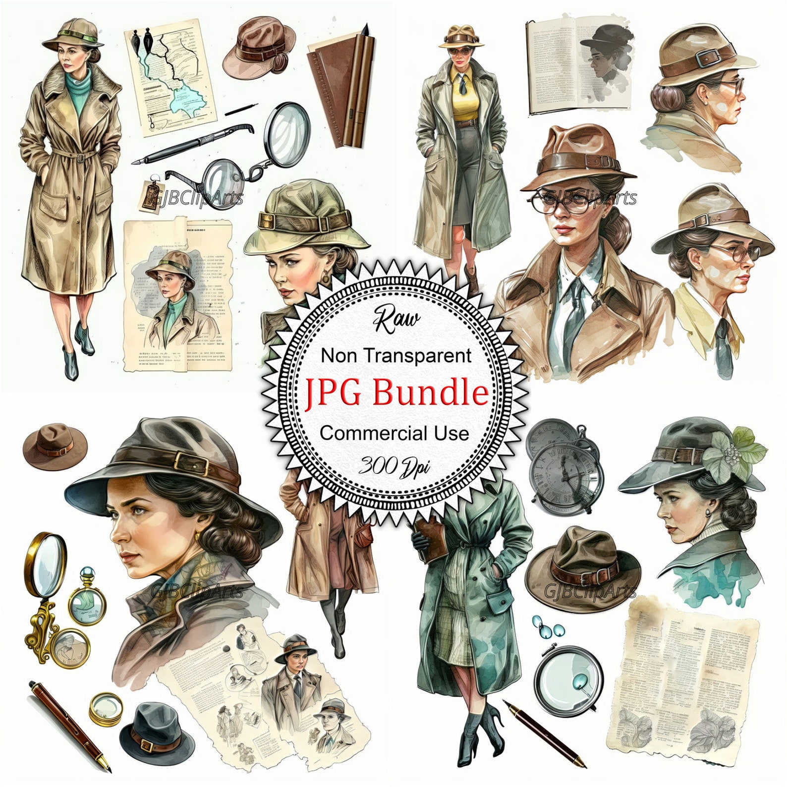 Woman Detective Collection: Watercolor Female Sleuth Illustrations ...