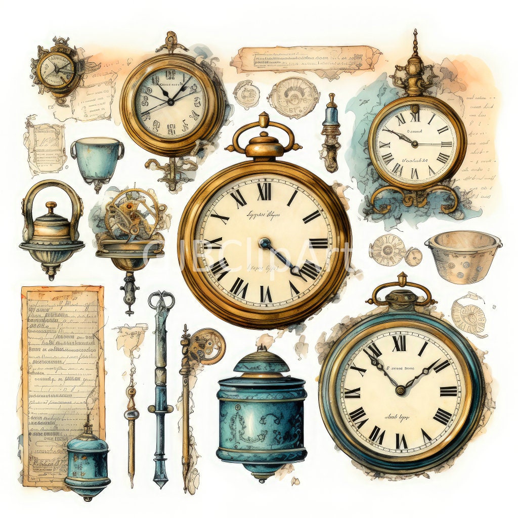 Vintage Clocks Junk Journal Kit Clipart, Antique Clock Clipart ...
