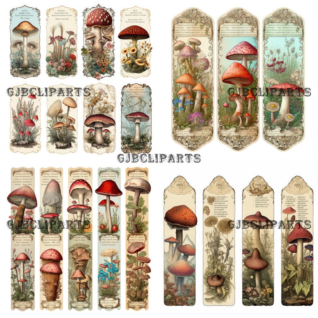 Mushrooms Tall Ornate Labels Clipart, Junk Journal Book Clipart ...