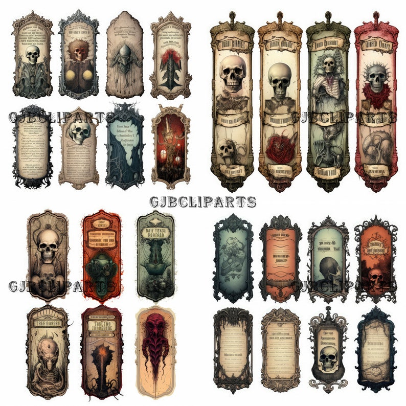 Horror Tall Ornate Labels, Junk Journal Book Vintage Clipart ...