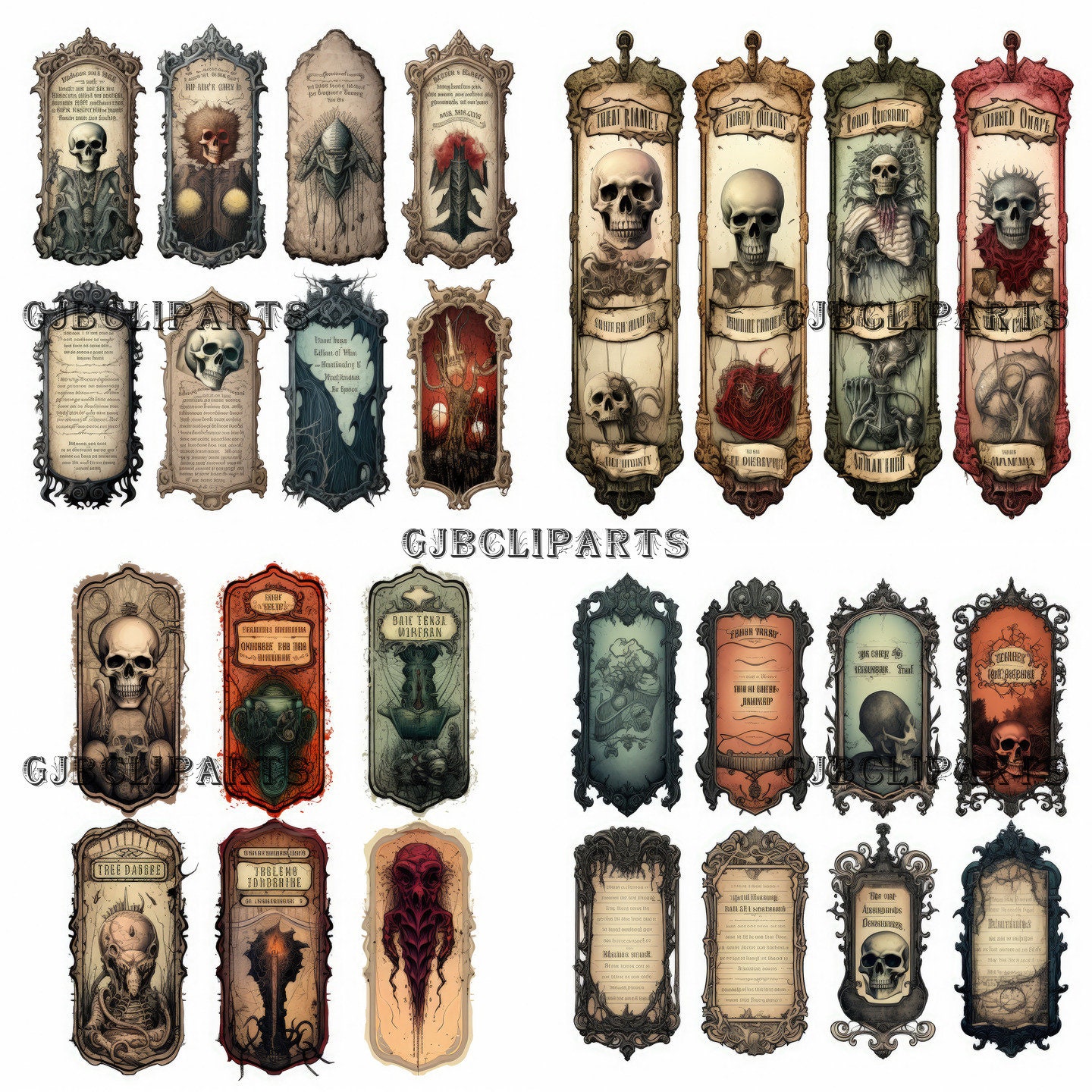 Horror Tall Ornate Labels, Junk Journal Book Vintage Clipart ...