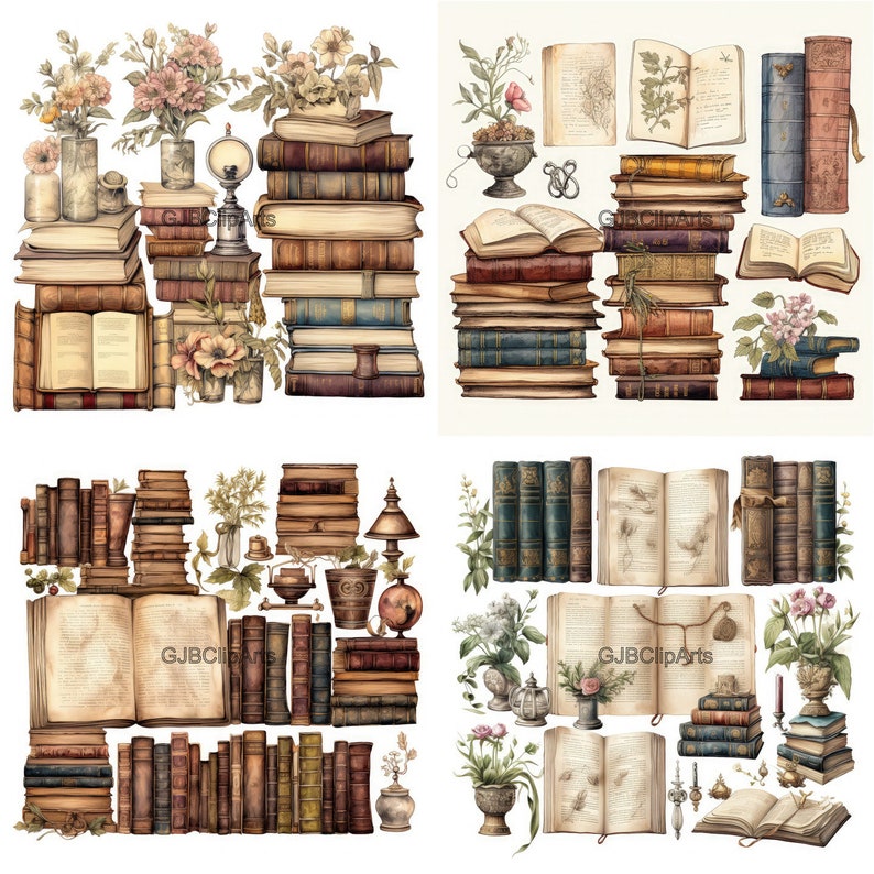 Vintage Books Junk Journal Kit Clipart ,open Book Clipart Bookmark ...
