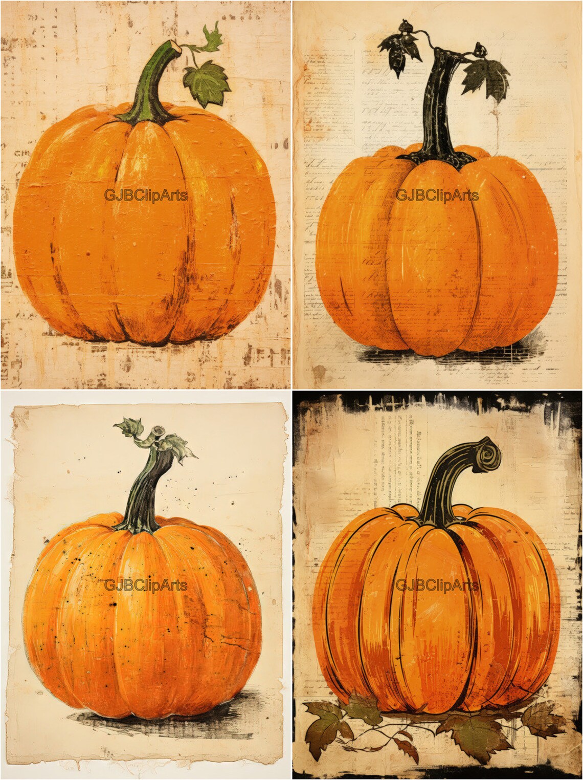 Orange Pumpkin Lithograph Clipart Fall Clipart Harvest Clipart ...