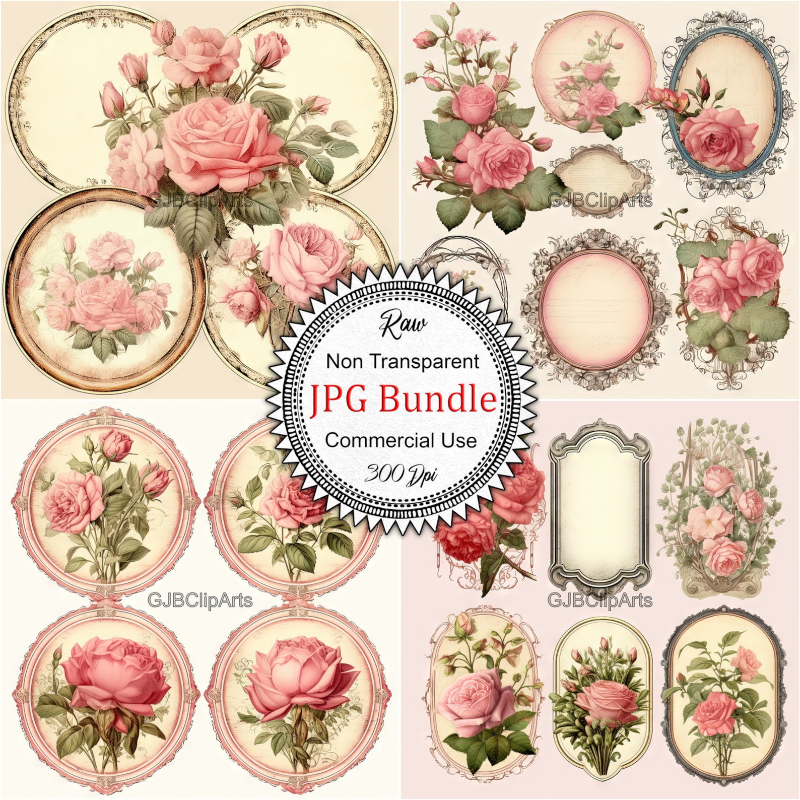Vintage Labels With Pink Roses and Delicate Vines Digital Clipart ...