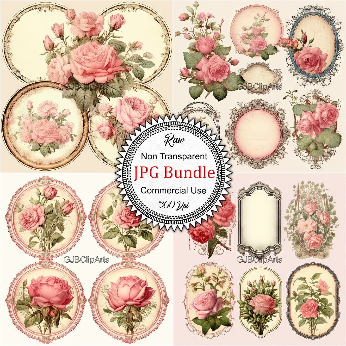 Vintage Labels With Pink Roses and Delicate Vines Digital Clipart ...