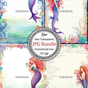 Mermaid Themed Writing Paper Watercolor Clipart, Scrapbooker Gift ...