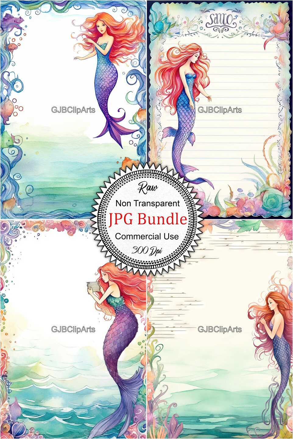 Mermaid Themed Writing Paper Watercolor Clipart, Scrapbooker Gift ...