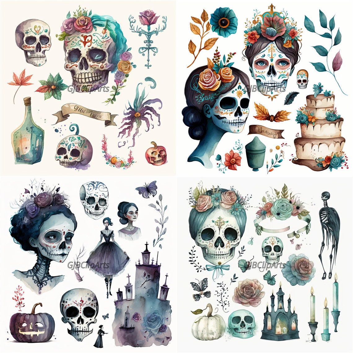 Dark Boho Whimsical Halloween Watercolor Clip Art Collection, Spooky ...