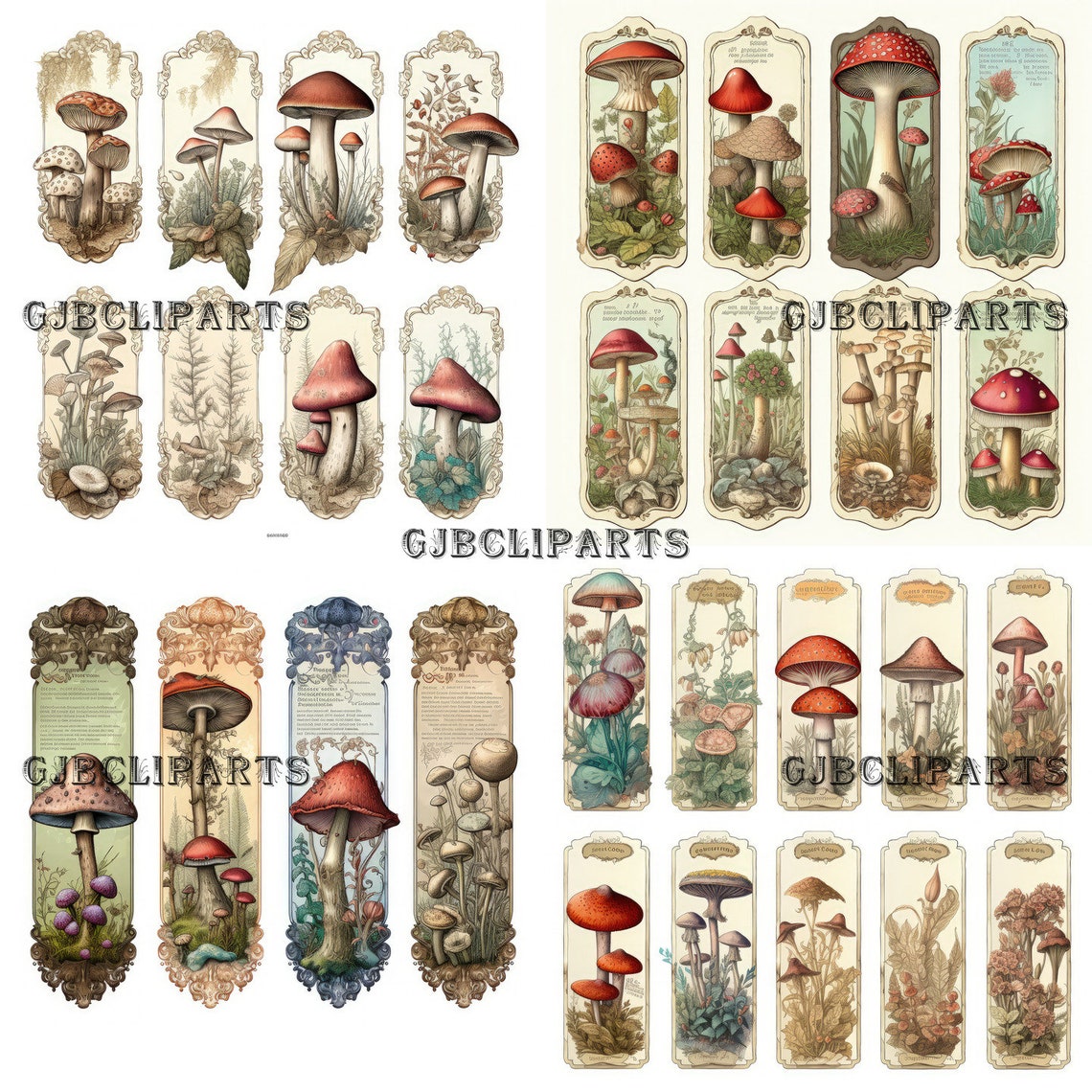 Mushrooms Tall Ornate Labels Clipart, Junk Journal Book Clipart ...