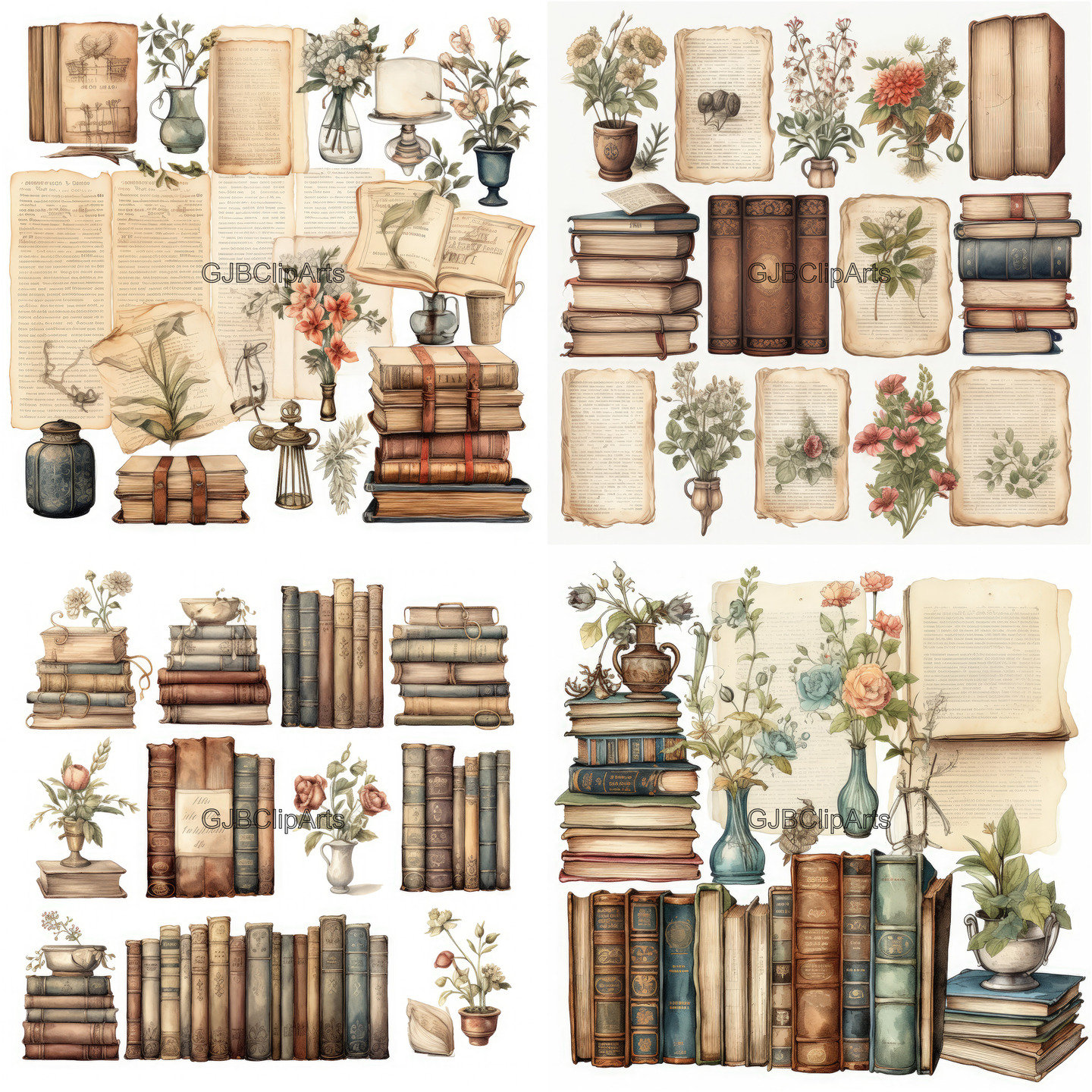 Vintage Books Junk Journal Kit Clipart ,open Book Clipart Bookmark ...