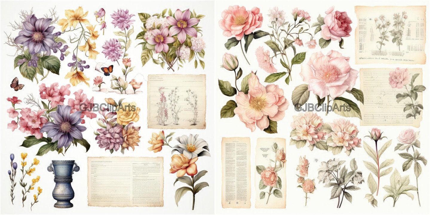 Vintage Printable Floral Junk Journal Kit Clipart, Flower Clipart ...