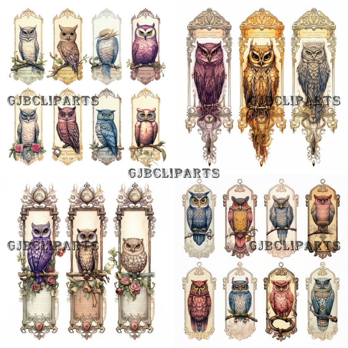 Whimsical Owls Clipart Tall Ornate Labels Clipart, Junk Journal Book ...