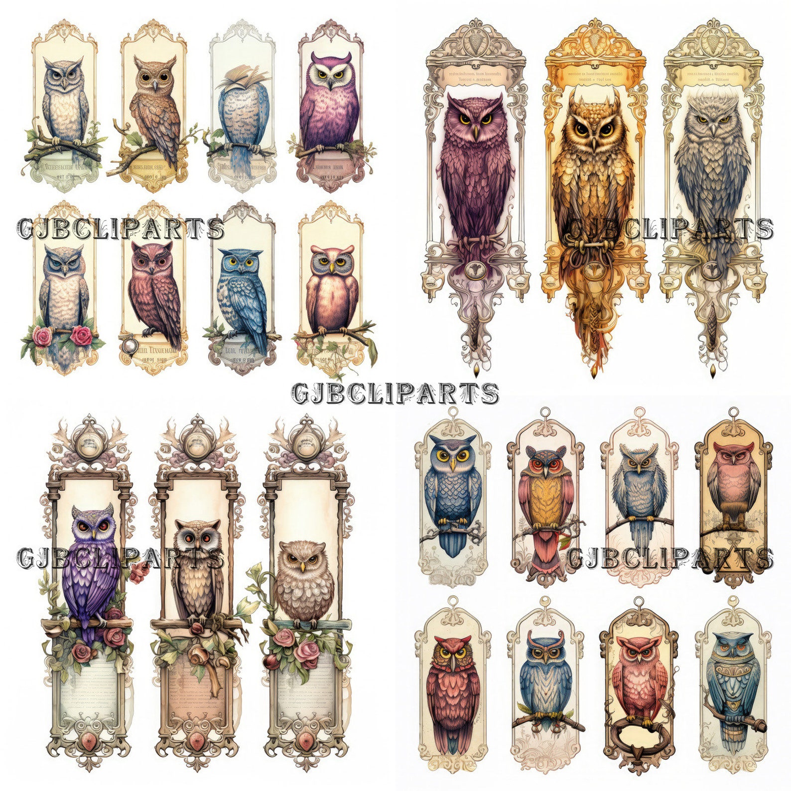 Whimsical Owls Clipart Tall Ornate Labels Clipart, Junk Journal Book ...