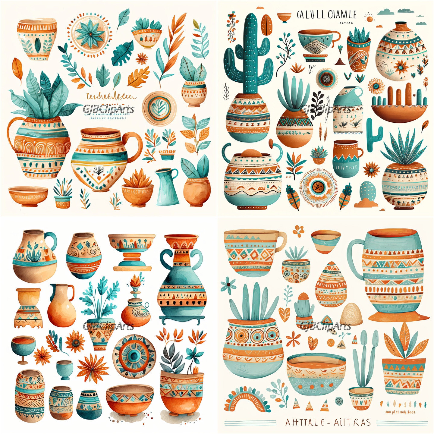 Aztec Pottery Watercolor Clipart: Turquoise, Orange, Cream Designs for ...