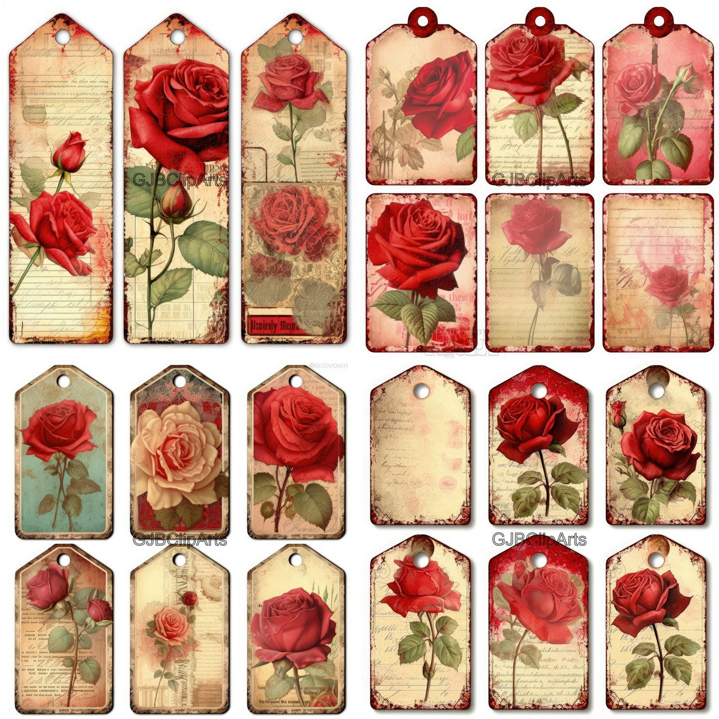 Red Rose Vintage Tag Clipart, Scrapbooking Supplies, Junk Journals ...
