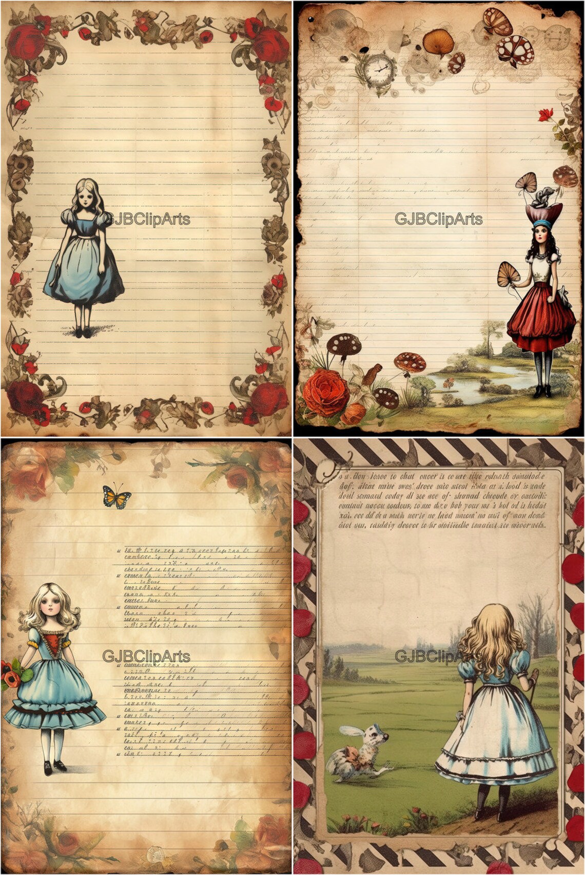 Alice in Wonderland Lined Journal Page Clipart, , Junk Journal Handmade ...