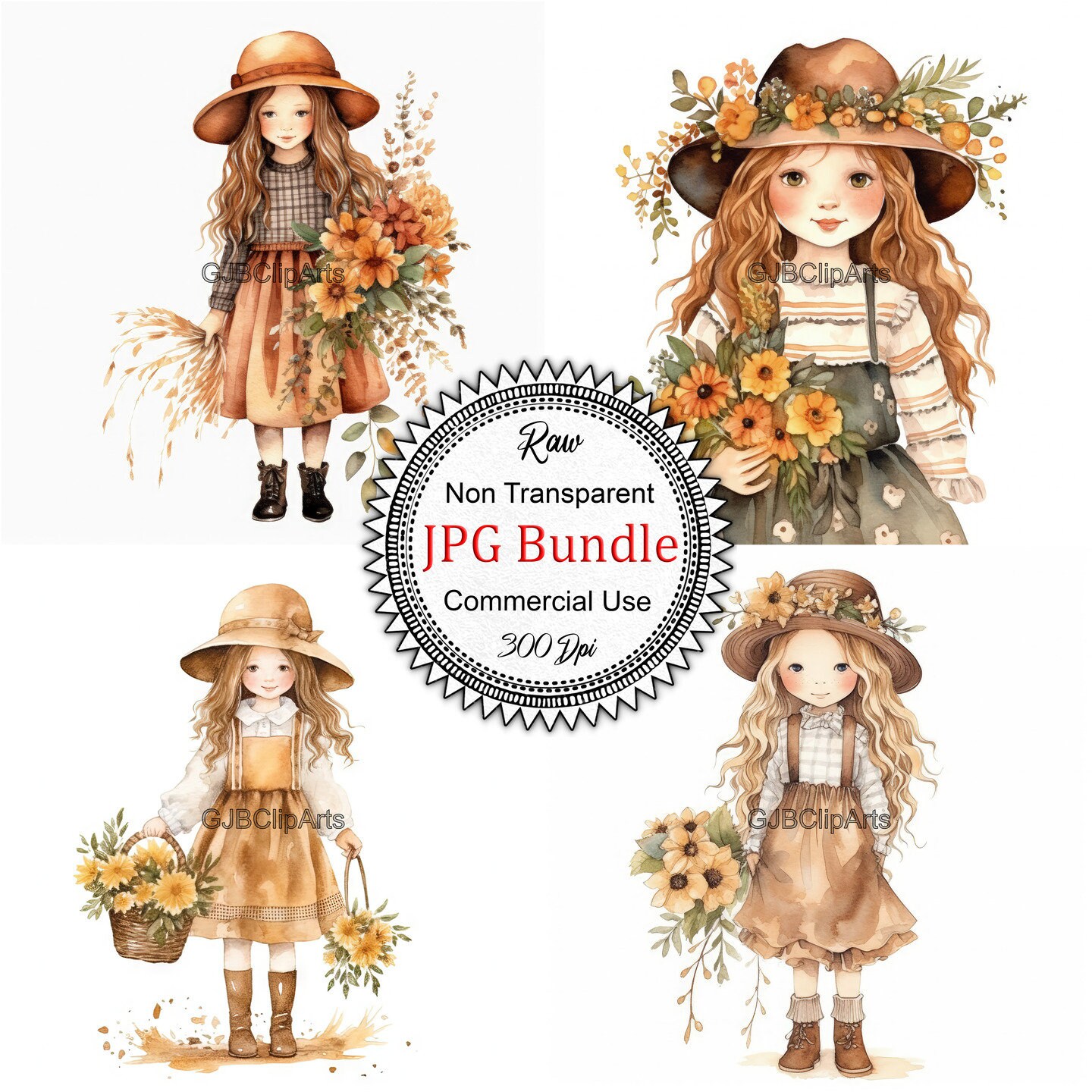 Watercolor Holly Hobbie Girl in Brown Dress Clipart, , Scrapbook Album ...