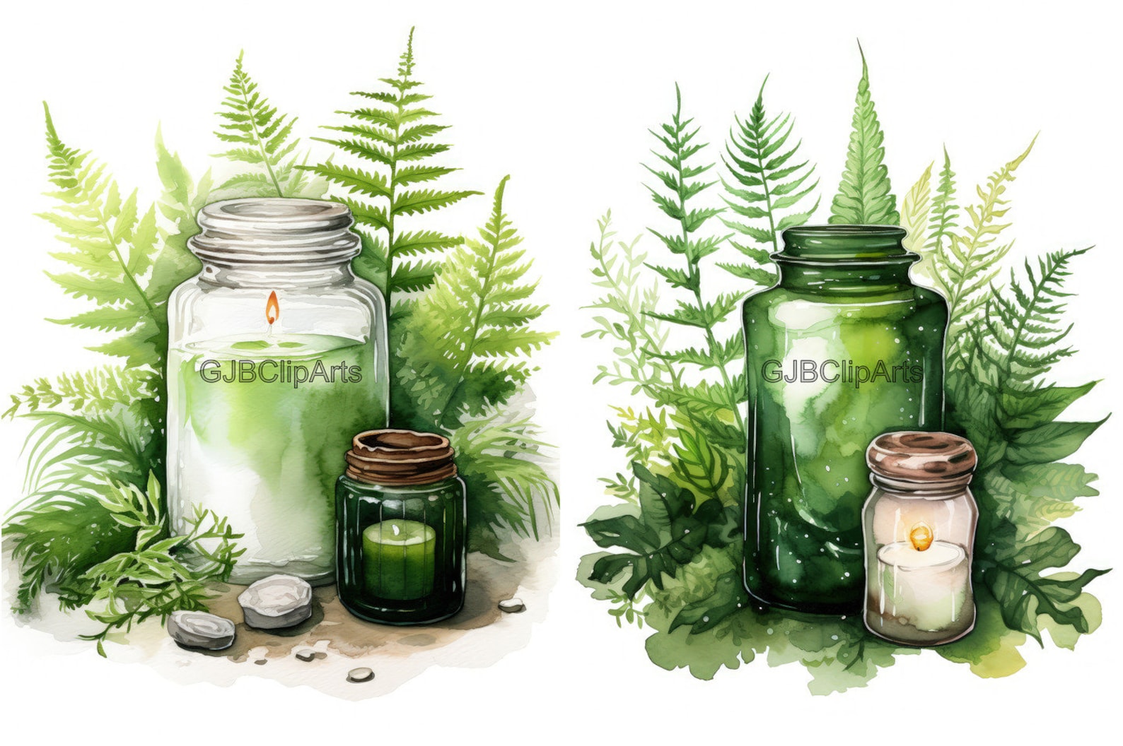 Green Jar Candle Clipart, Ferns and Potion Bottles Surroundings Clipart ...