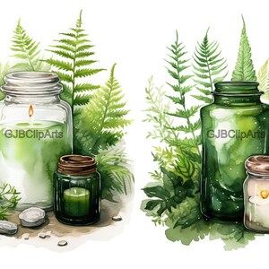 Green Jar Candle Clipart, Ferns and Potion Bottles Surroundings Clipart ...