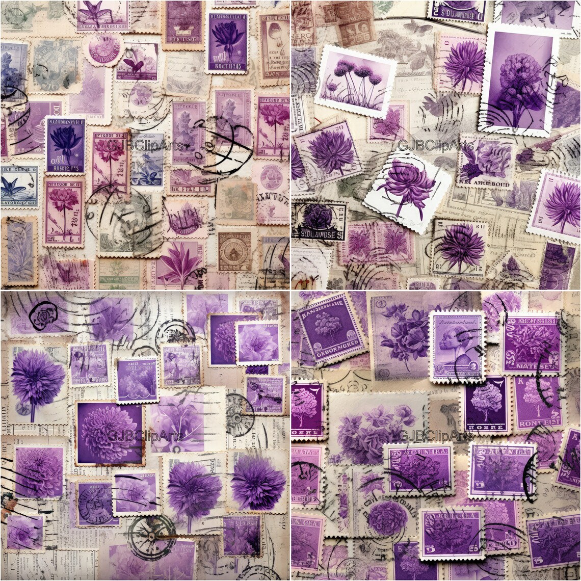Purple Flora Stamp Clipart, Digital Ephemera Clipart, Scrapbook ...