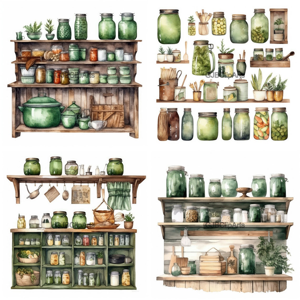 Green Watercolor Cottagecore Kitchen Clipart, Magical Countryside ...