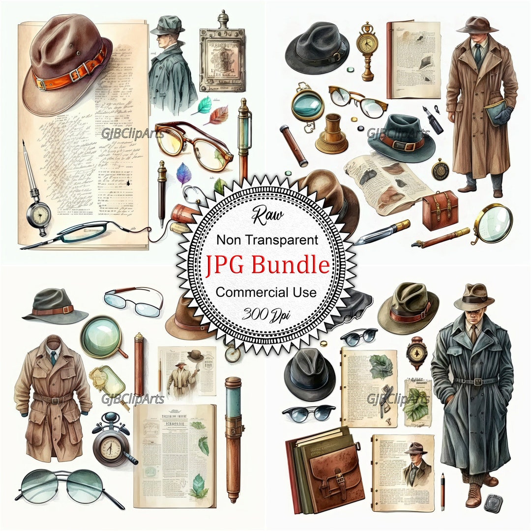 Intriguing Detective Room Collection Clipart: Watercolor Mystery-themed ...