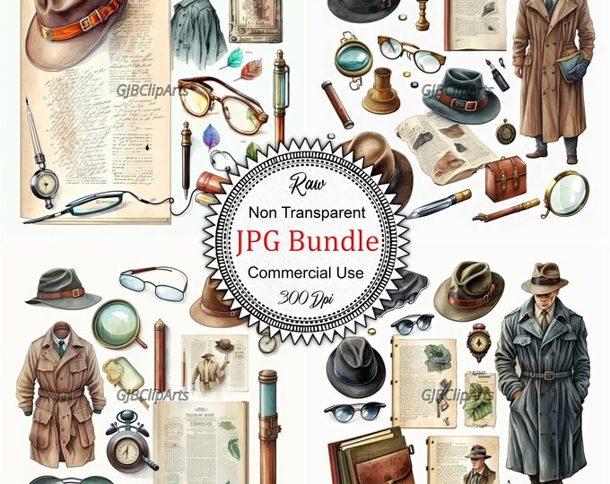 Intriguing Detective Room Collection Clipart: Watercolor Mystery-themed ...