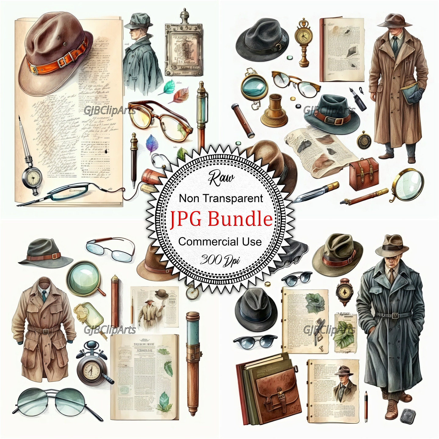 Intriguing Detective Room Collection Clipart: Watercolor Mystery-themed ...