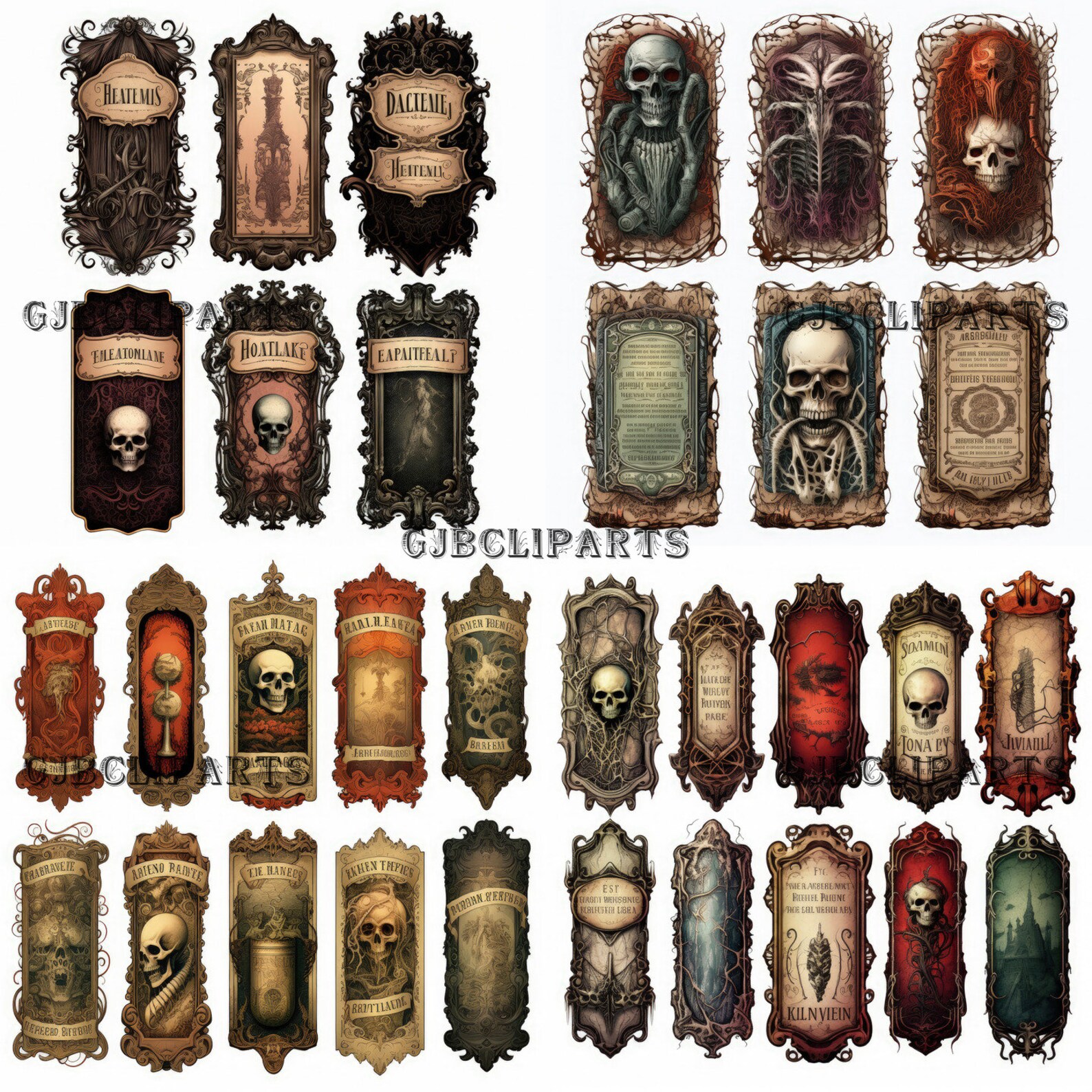 Horror Tall Ornate Labels, Junk Journal Book Vintage Clipart ...