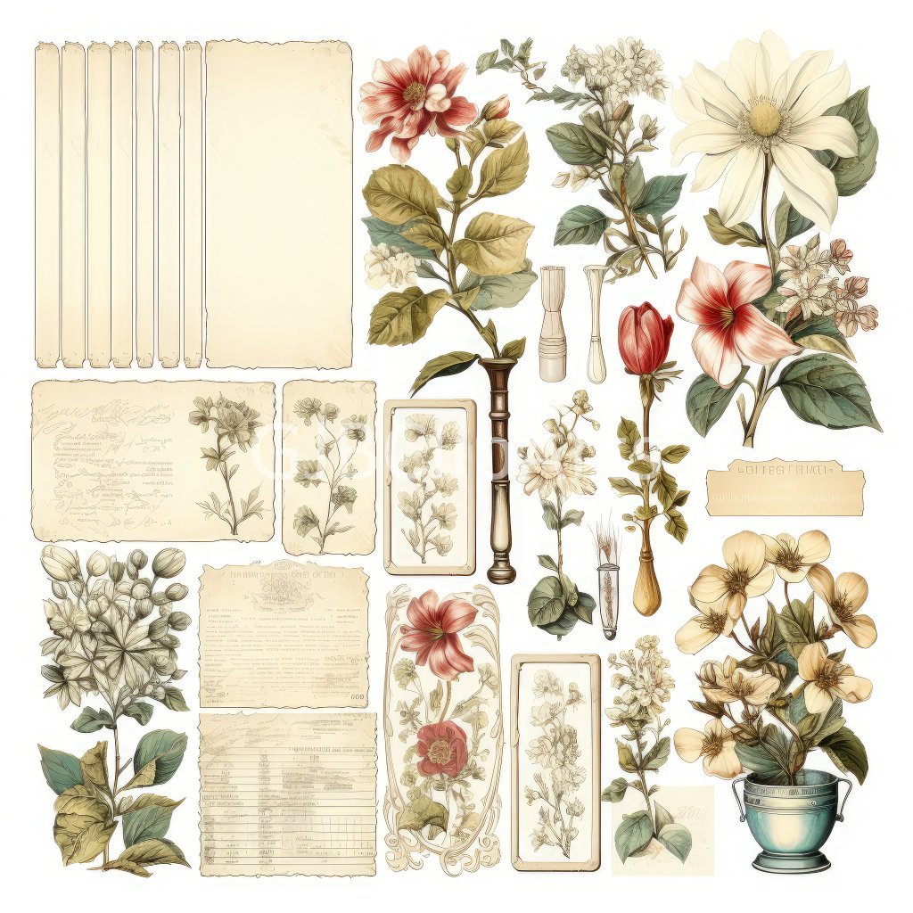Vintage Printable Floral Junk Journal Kit Clipart, Flower Clipart ...