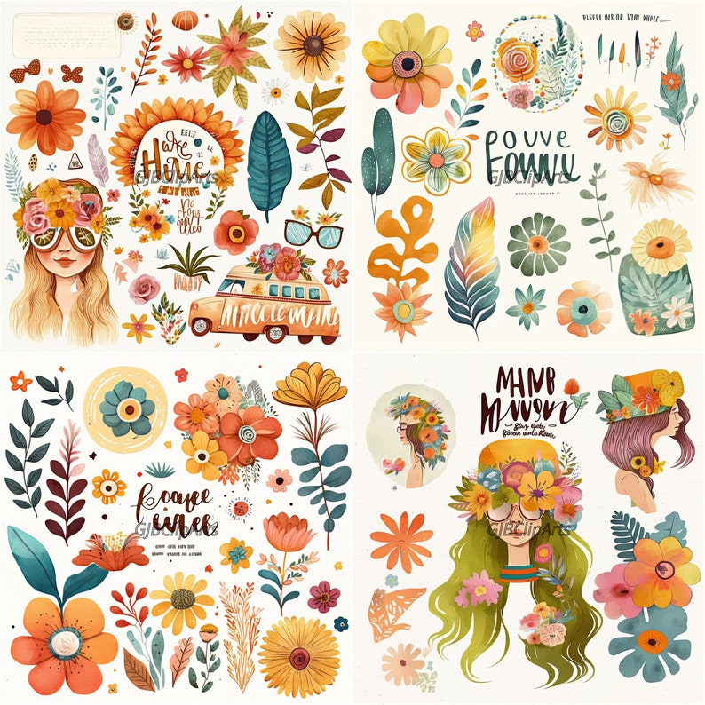 Groovy Flower Power Collection: 1970s Watercolor Clip Art, Vintage ...