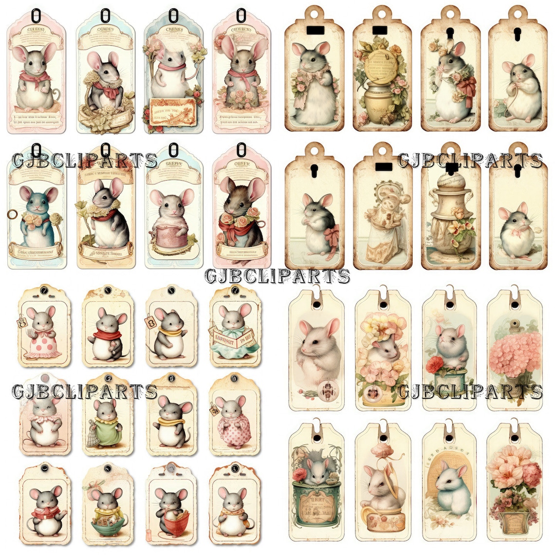 Cute Mice Ornamental Tag Clipart, Beautiful Vintage Tags With Antique ...