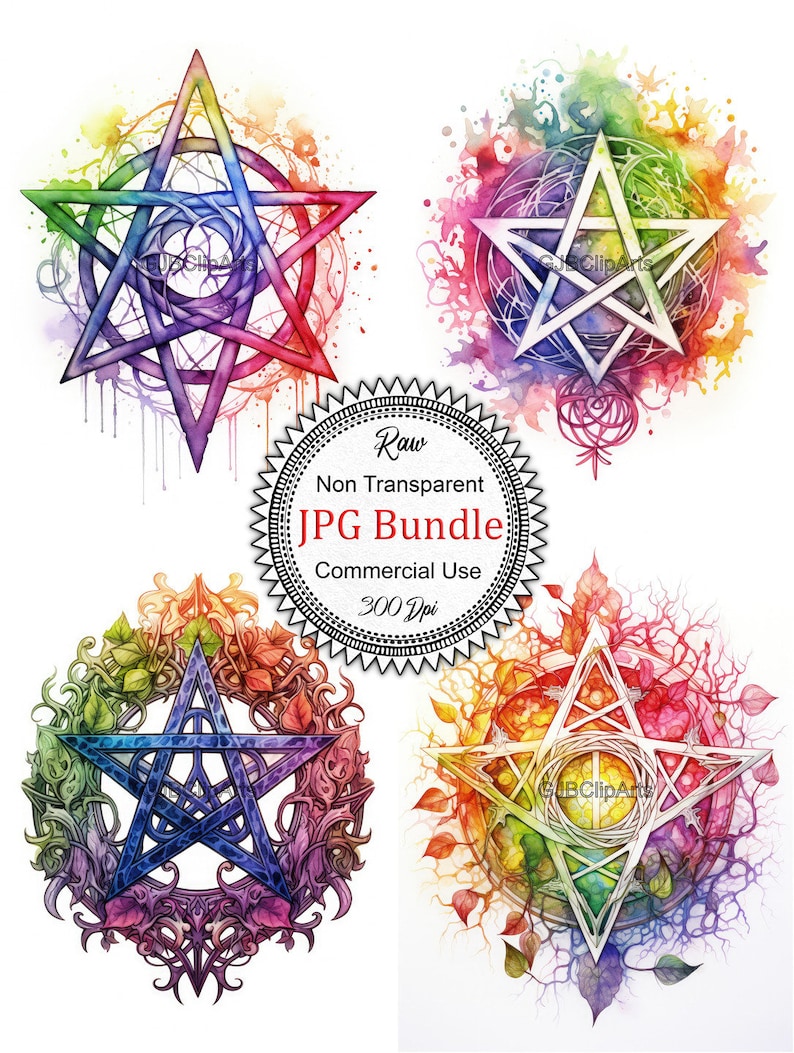 Elemental Pentacle Clipart, White Background Watercolor Style Clipart ...