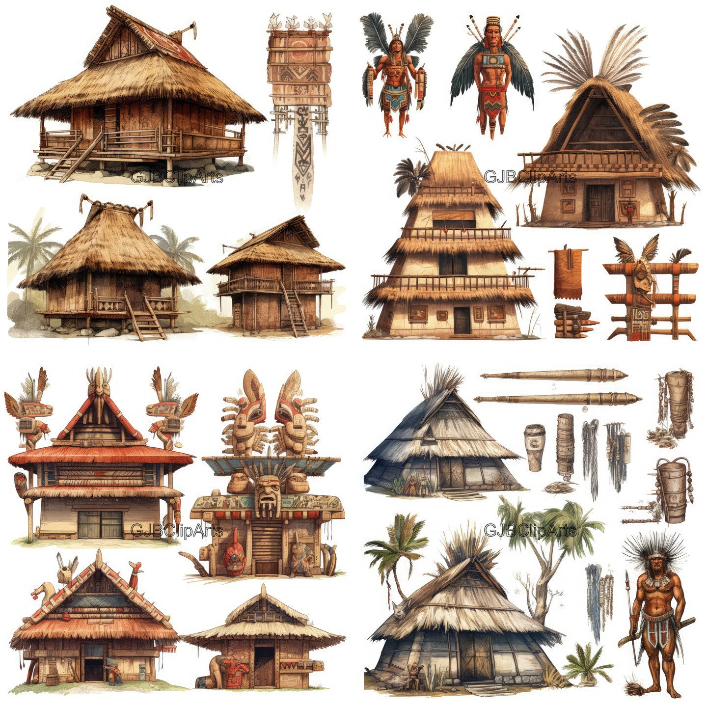 Vintage Taíno Chief House Clipart, Hut Clipart, Palm Tree Clipart ...