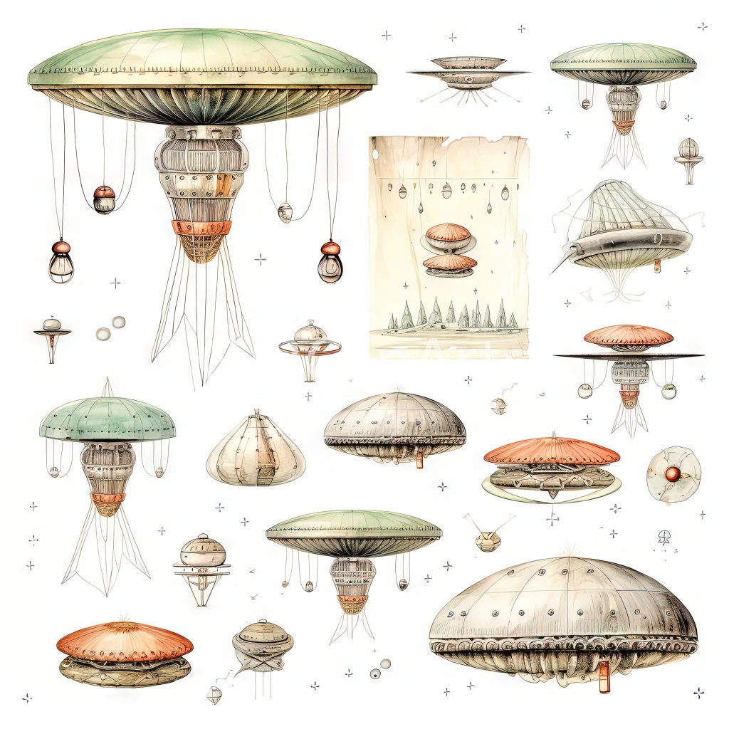 Vintage UFO Junk Journal Kit Clipart, UFO Clipart Alien Clipart ...