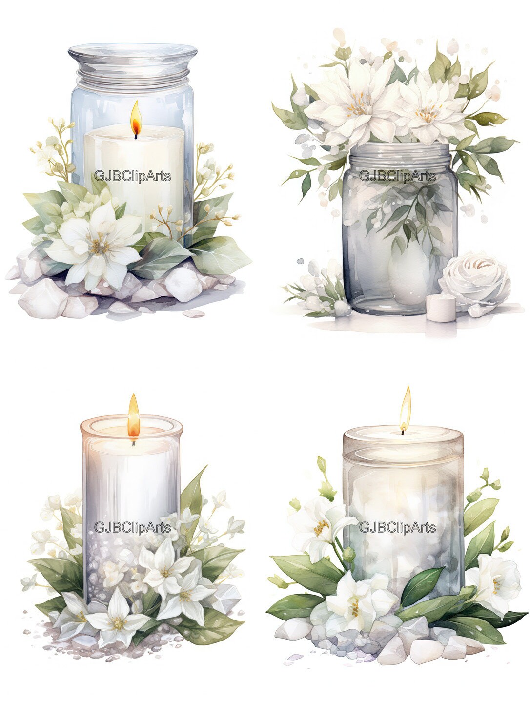 White Jar Candle Clipart Bundle, White Flowers Surroundings Clipart ...