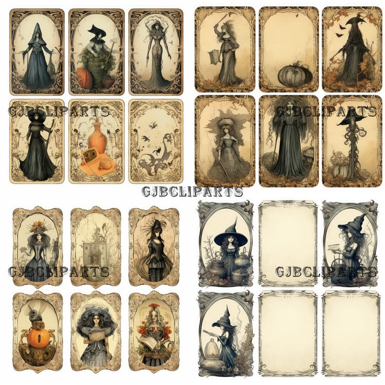 Witches Ornamental Card Clipart, Vintage Card Clipart, Journaling Women ...