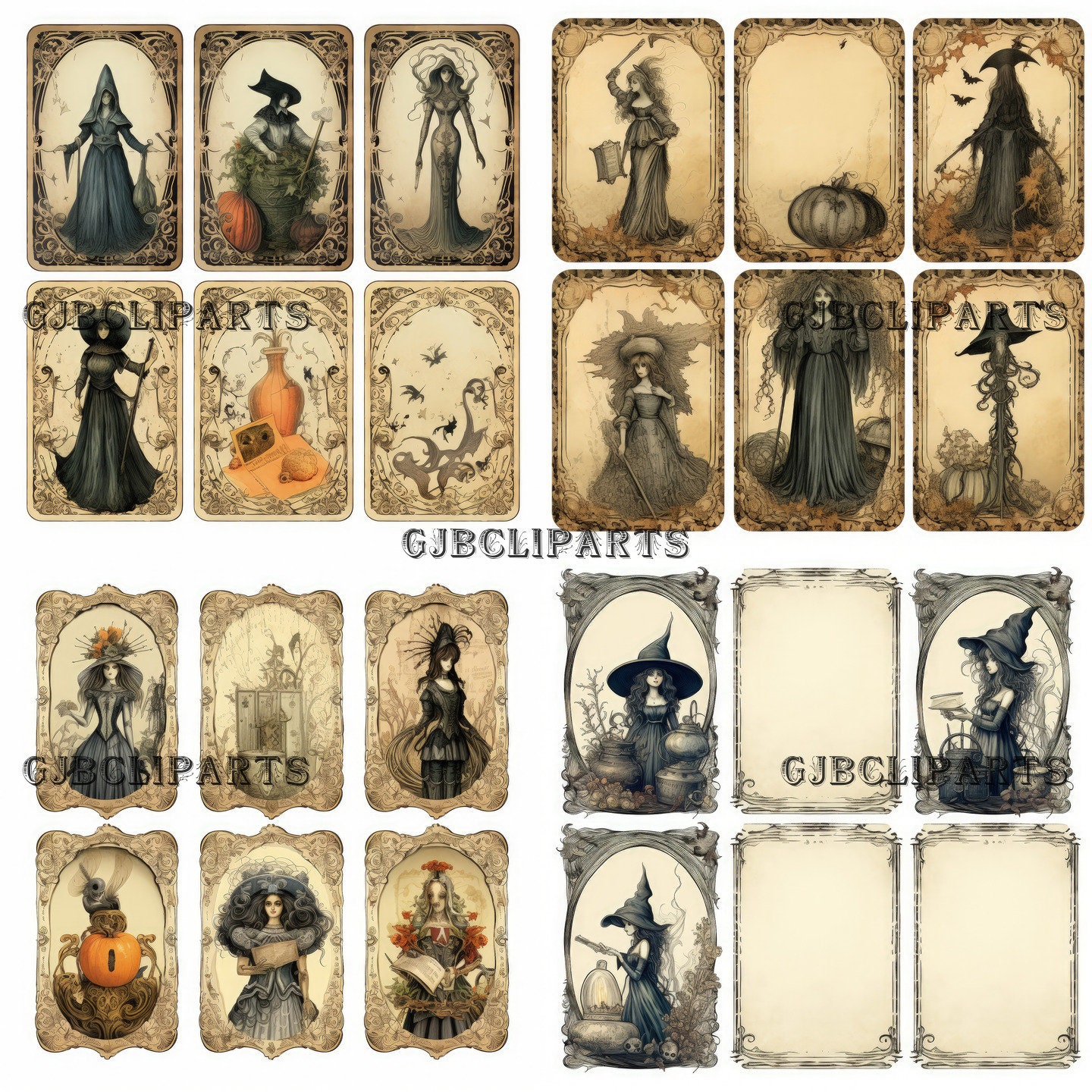 Witches Ornamental Card Clipart, Vintage Card Clipart, Journaling Women ...