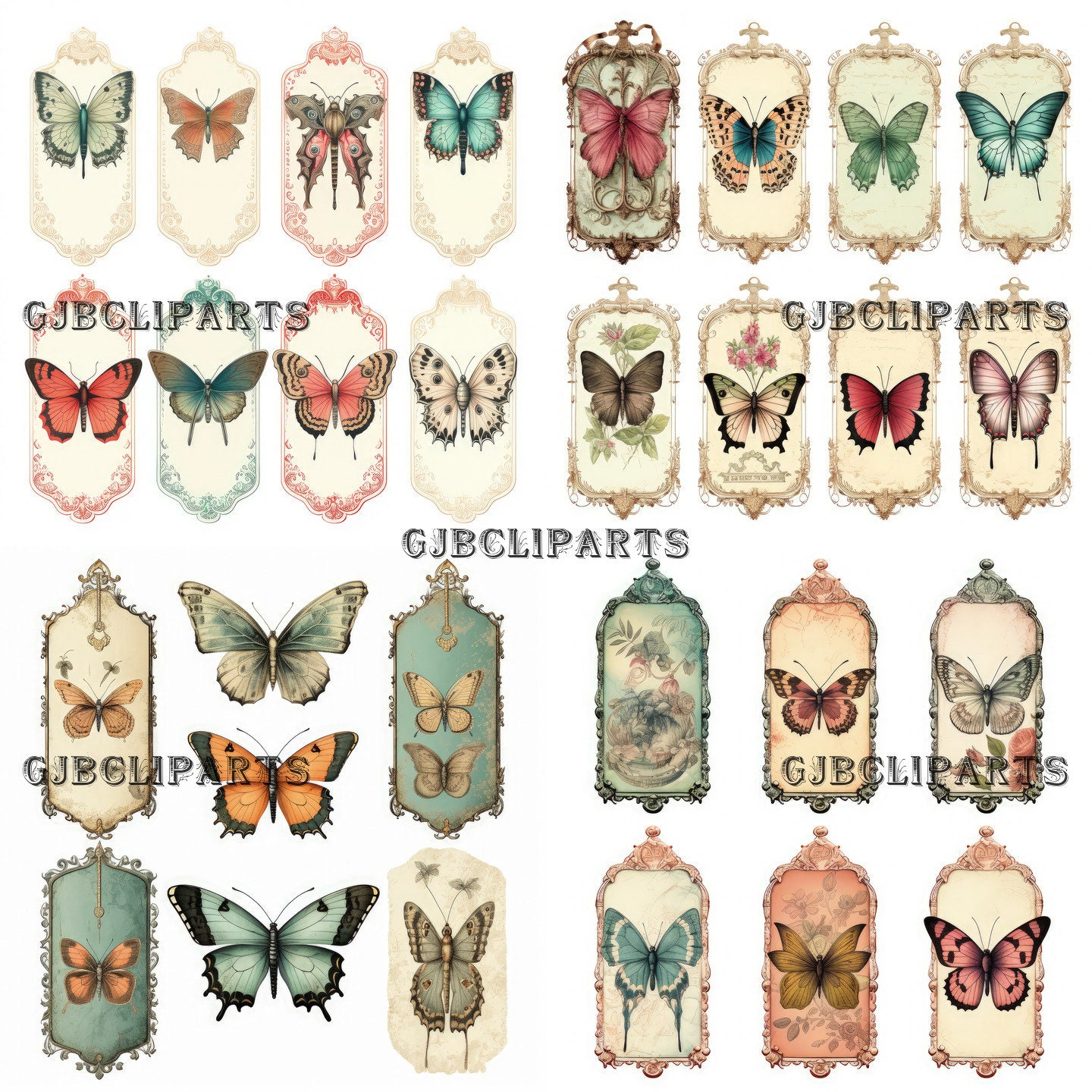 Shabby Butterfly Tall Ornate Labels Clipart, Junk Journal Book Clipart ...