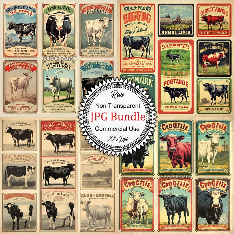 Vintage Cow Labels Clipart, Classic Digitized Art ,digital Clipart ...