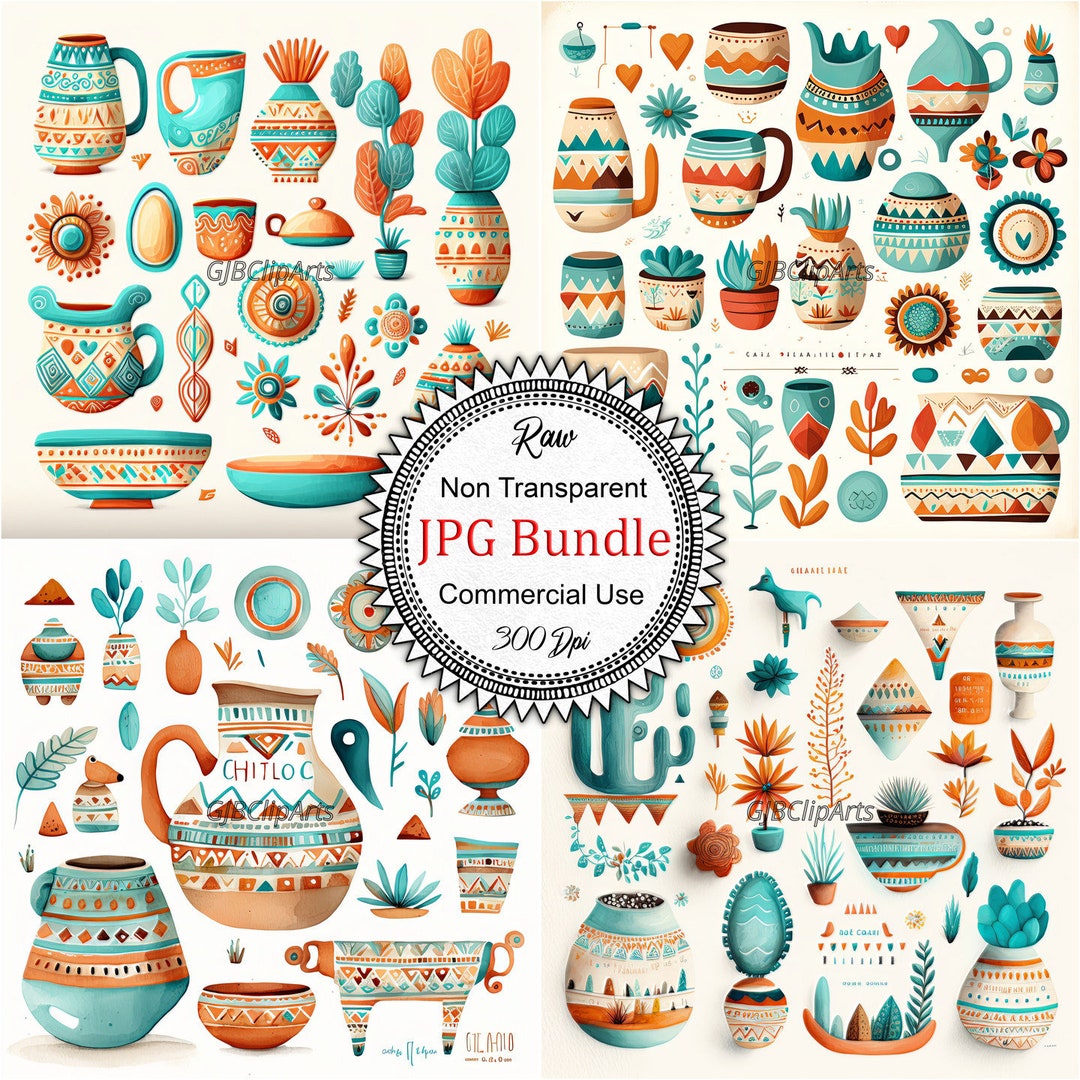 Aztec Pottery Watercolor Clipart: Turquoise, Orange, Cream Designs for ...