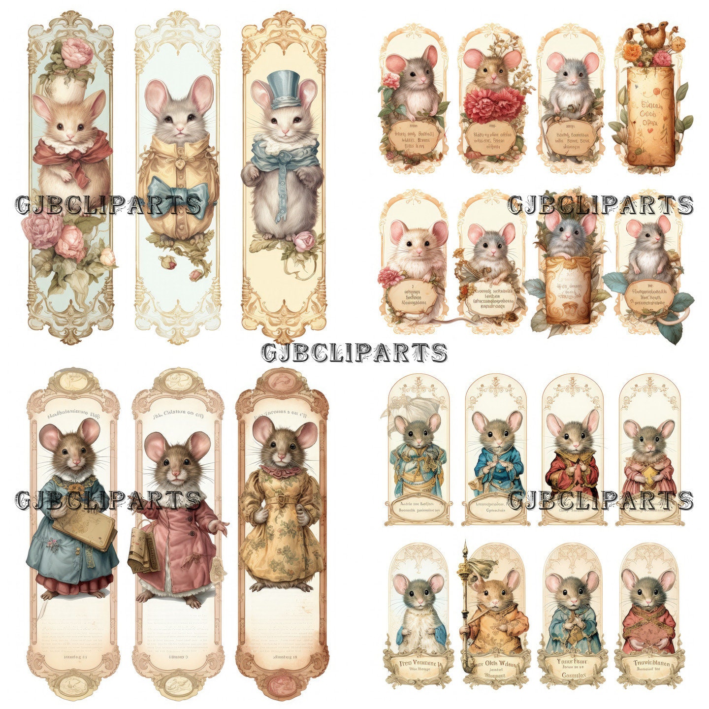 Cute Mice Tall Ornate Labels Clipart, Junk Journal Book Vintage Clipart ...