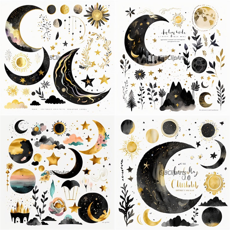 Mystical Moon Phase Collection: Black, Gold Watercolor Clip Art ...