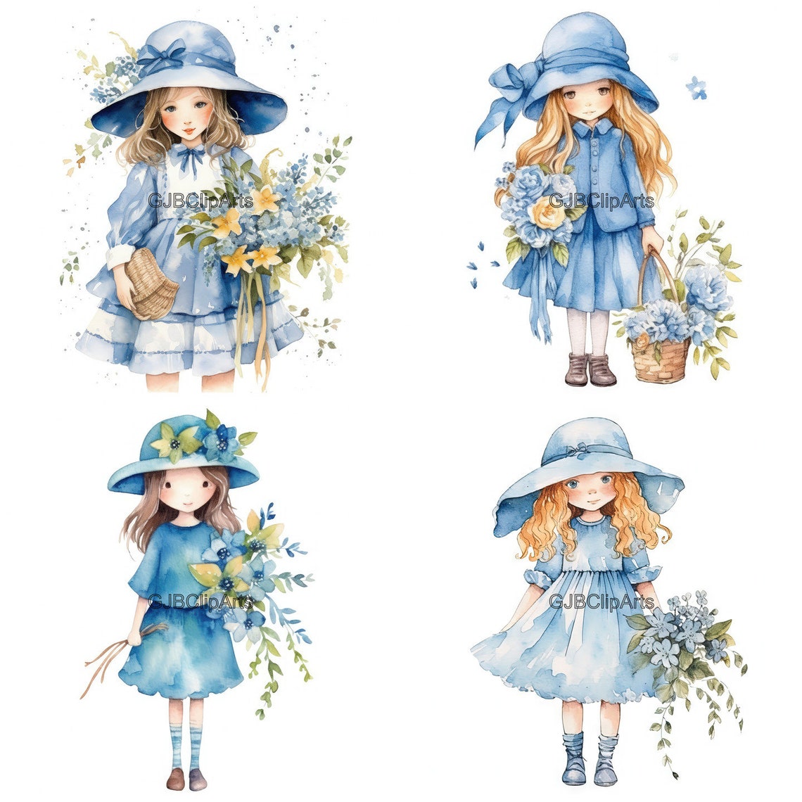 Watercolor Holly Hobbie Girl Clipart, Blue Dress and Florals Clipart ...