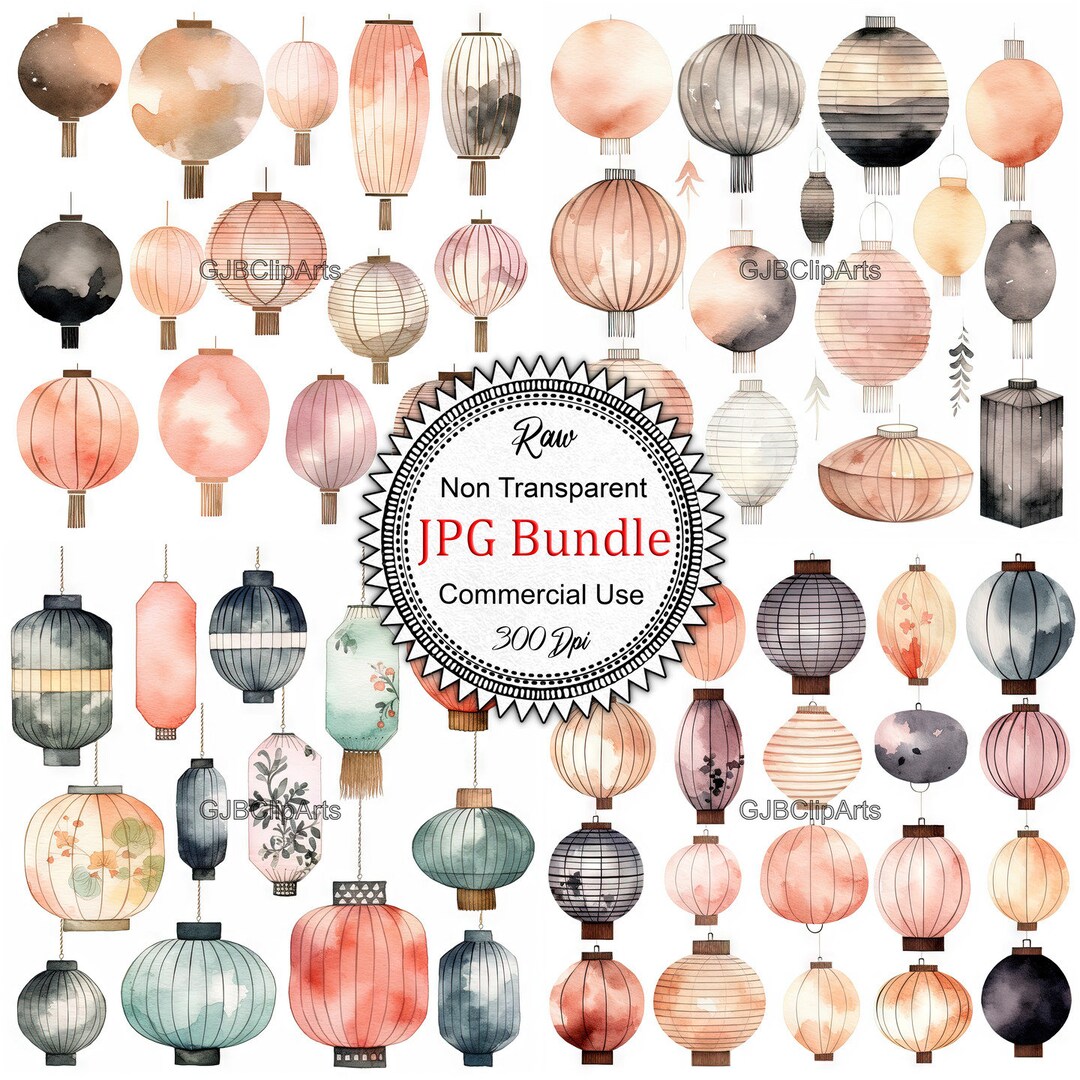 Watercolor Lampion and Paper Lantern Clipart, Journaling Lines Stamp ...
