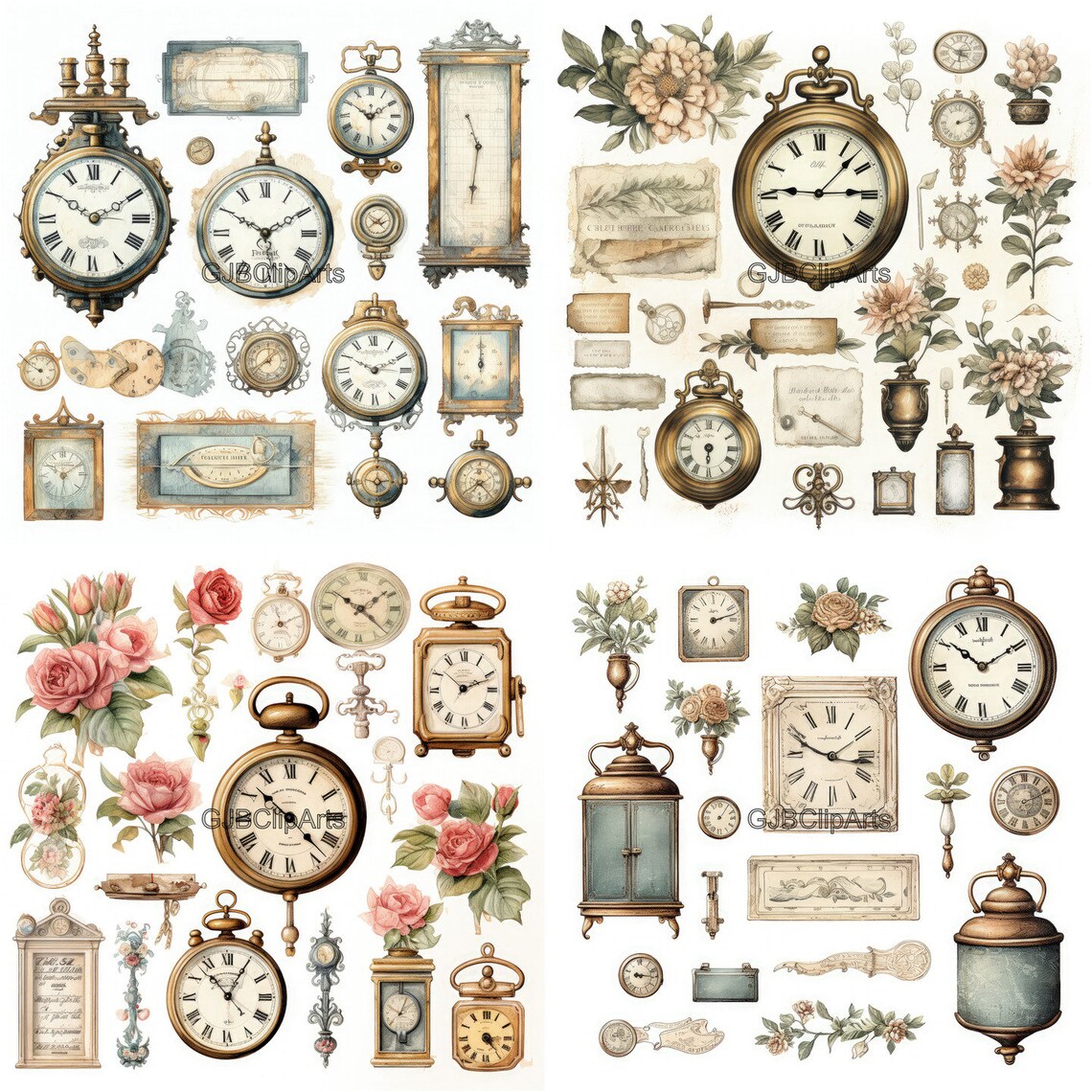 Vintage Clocks Junk Journal Kit Clipart, Antique Clock Clipart ...